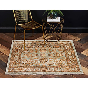 Unique Loom Dorchester Collection Botanical, Border, Traditional Area Rug (4' 5 x 4' 5 Square, Light Green/ Tan)