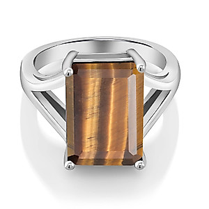 Gem Stone King 6.50 Cttw Brown Tiger Eye Ring For Women In 925 Sterling Silver | Emerald Cut 14X10MM | Available In Size 5, 6, 7, 8, 9