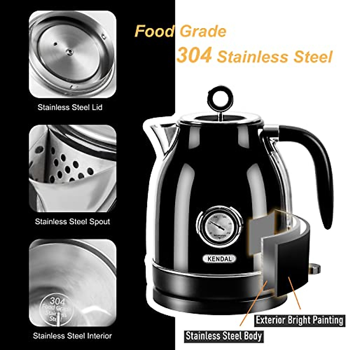 1.7L Stainless Steel Electric Water Kettle Boiler with Thermometer, Temperature Gauge and Auto Shut Off, 1500W Hot Water Heater with Boil Dry Protection, Black