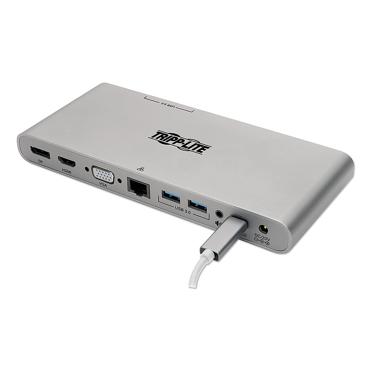 Tripp Lite USB C Docking Station w/ USB-A Hub, USB Type C, HDMI, VGA, DP, Gbe Gigabit Ethernet PD Charging 4K@ 30Hz, Portable, Thunderbolt 3 Silver (U442-DOCK4-S)