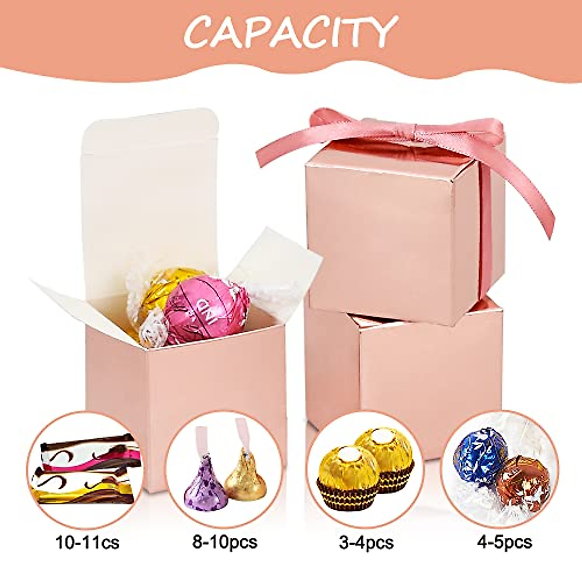 BEISHIDA Small Christmas Treat Box Rose Gold Bulk Party Favors Gift Box Wedding Favor Candy Goody Box with Ribbon for Birthday Valentine Easter Decorations Party Supplies(2.1x2.1x2.1 inch, 30pcs)