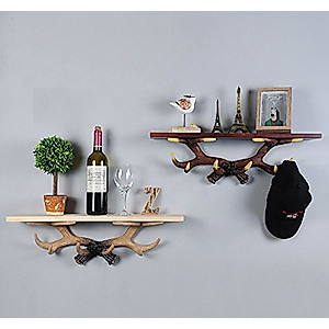 Vintage Cast Deer Antlers Hanging Wall Hooks (10 Hooks) with Floating Wall Resin Shelf Bathroom Storage for Hat Scarf Bag Key Clothes Kitchen Towel Holder Reindeer Hanger Wall Wedding Gift (Beige)