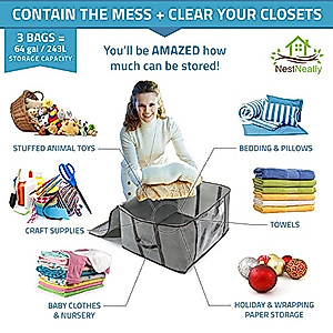 NestNeatly Large Capacity Clothes Storage Bag Organizer with Reinforced Handle for Comforters, Blankets, Bedding, Foldable with Sturdy Zipper, Clear Window, 3 Pack, Gray