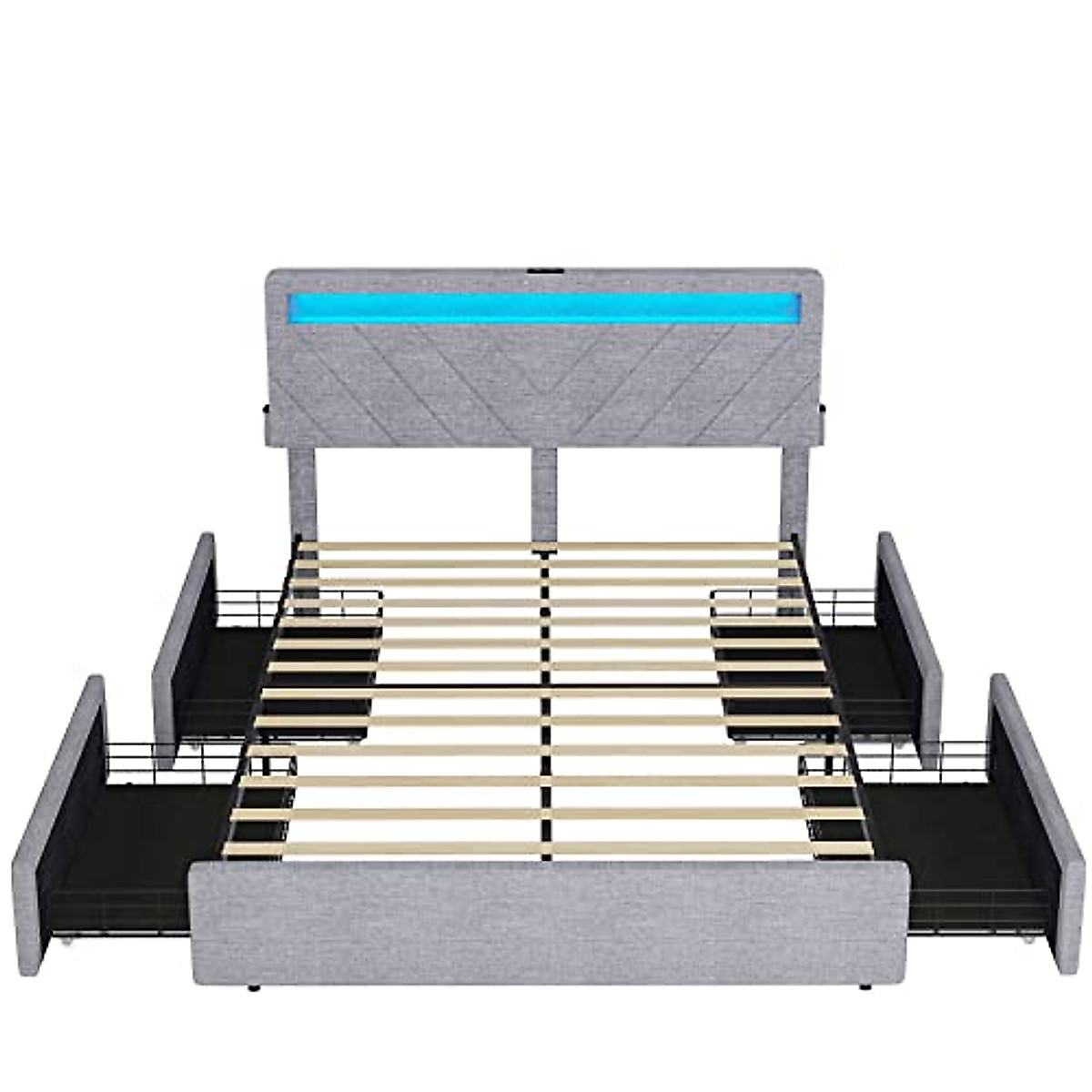ADORNEVE LED Full Size Bed Frame with Storage Drawers, Upholstered Platform Bed Frame Full with LED Lights and Charging Station, Sturdy Wooden Slats Support, No Box Spring Needed, Light Grey