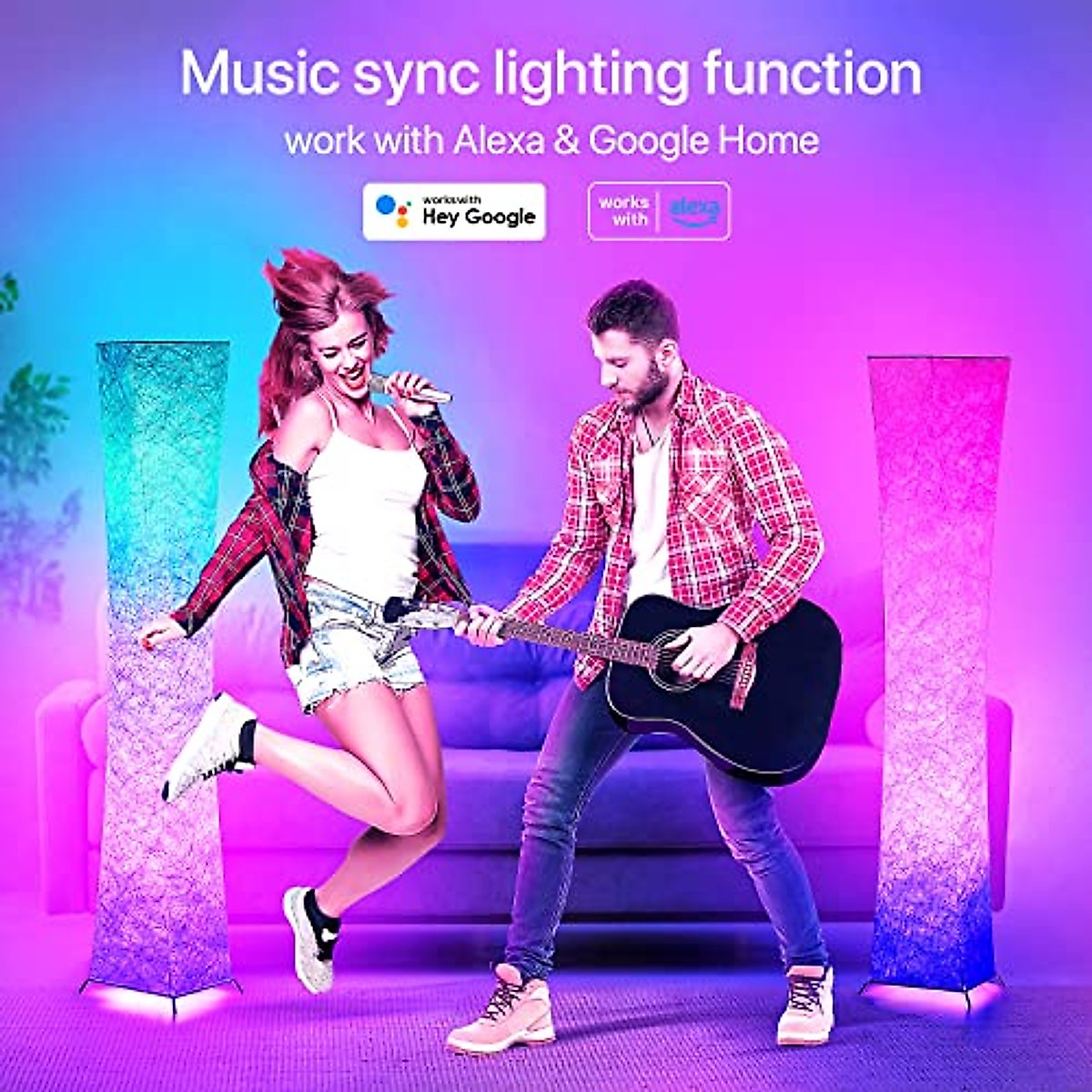 chiphy Floor Lamp, RGB Color Changing and Dimmable LED Lamp, Smart WiFi Bulbs Compatible with Alexa & Google Assistant, 64" Tall White Fabric Shade Light, Modern for Living Room, Bedroom, Game Room