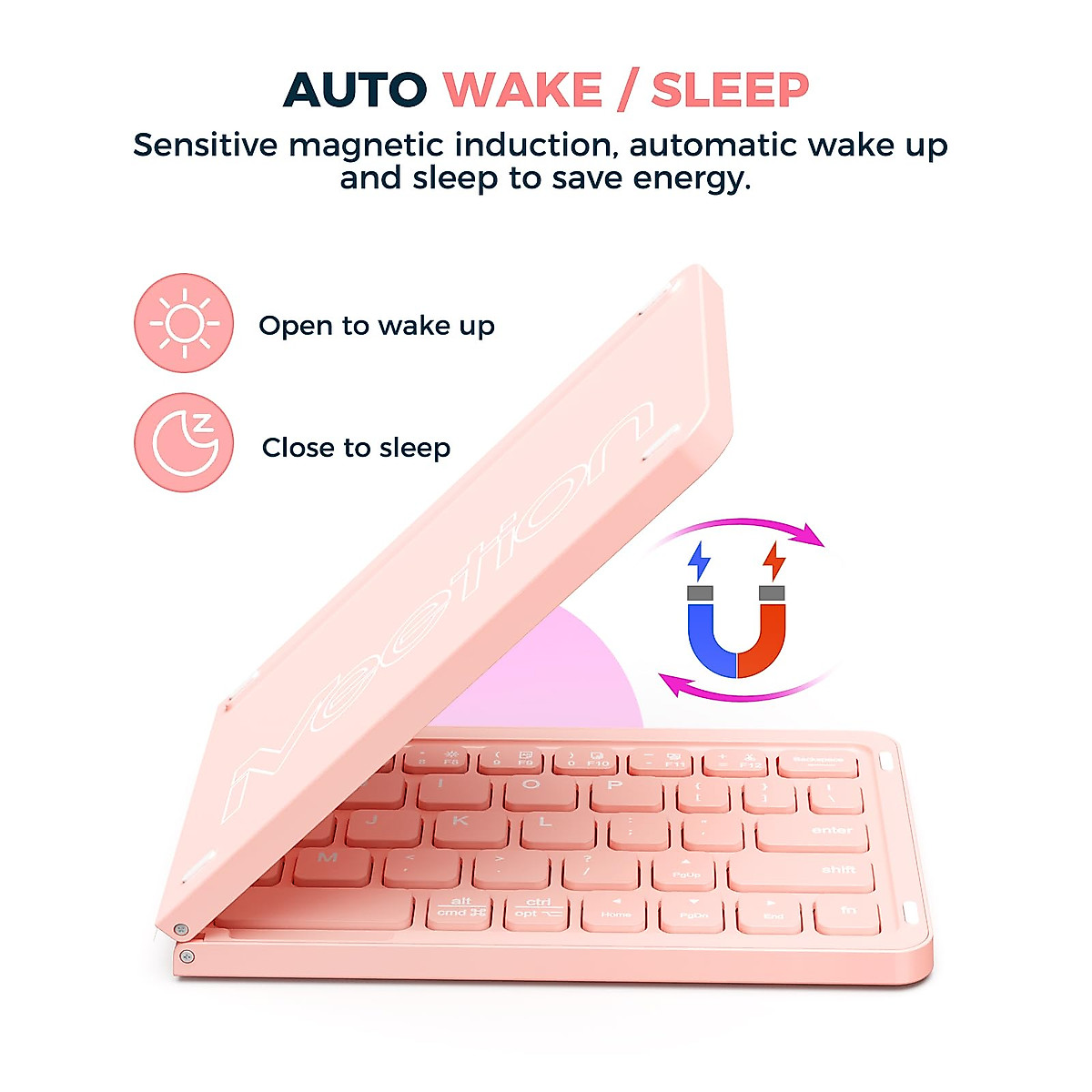 MEETION Foldable Keyboard and Mouse, Portable Bluetooth Keyboard and Mini Mouse with Stand Holder, for Travel, Business, Gifts, USB-C Rechargeable, Travel Keyboard Mouse for iPad Tablets Laptop, Pink