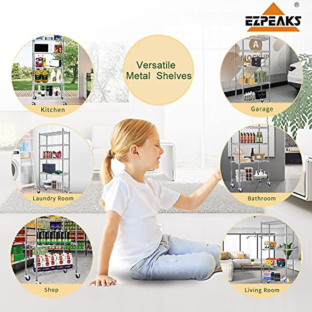 EZPEAKS Chrome 5-Shelf Shelving Units and Storage Rack on Wheels with Shelf Liners Set of 5, NSF Certified, Adjustable Matel Wire Shelving Unit Rack for Garage, Kitchen, Office, (63H X 30W X 14D)