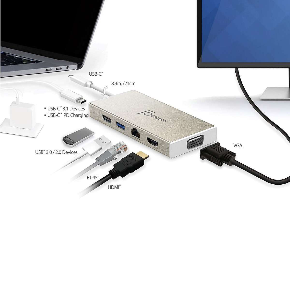 j5create USB-C 3.1 Mini Hub- USB 3.1/3.0/2.0| HDMI 1920 x 1200 @ 60 Hz/VGA 1920 x 1200 @ 60 Hz | Gigabit Ethernet | Compatible with USB C Devices
