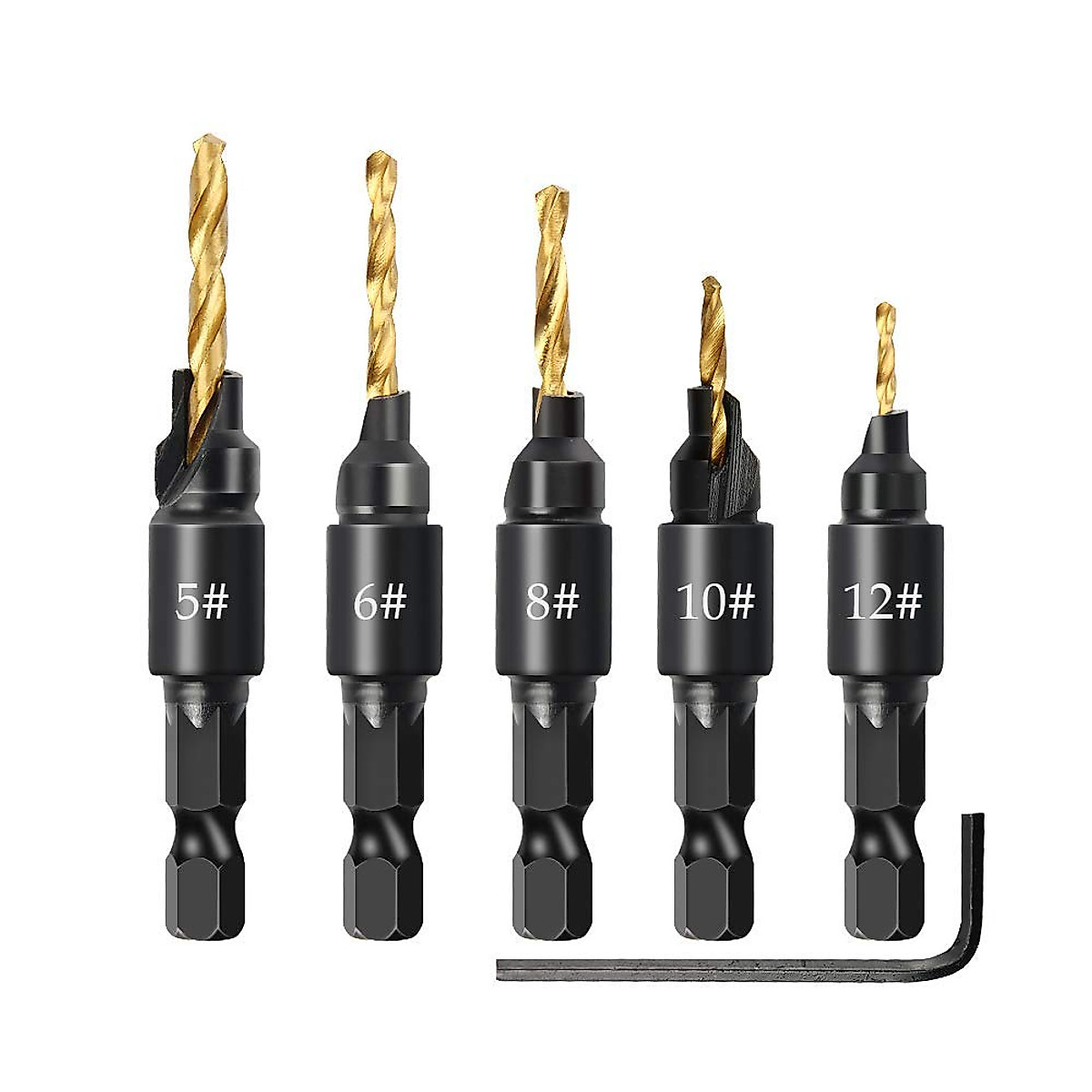 Xnrtop Woodworking Tool Countersink Drill Bit Set 1/4 Inch Hex Shank Power Tools Accessories for Plastic Metal 5Pcs/Set #5#6#8#10#12 (Gold)