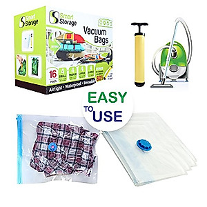 16 Pack Vacuum Storage Bags, Space Saver Bags (4 Jumbo/4 Large/4 Medium/4 Small) Vacuum Sealer Bags for Clothes Storage with Travel Hand Pump