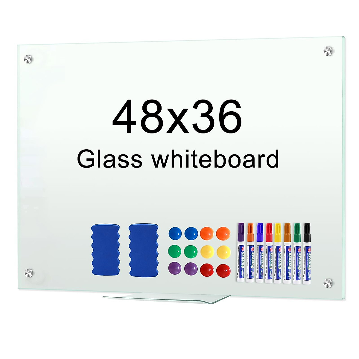 H-Qprobd Dry Erase White Board 48"x36" Glass Magnetic Whiteboard for Wall, Includes 12 Magnets, 8 Markers and 2 Erasers