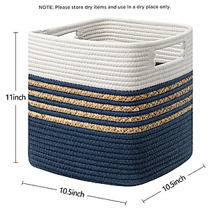 UBBCARE Set of 4 Storage Cubes 11 X 10.5 X 10.5 in, Water Hyacinth Storage Bins for Shelves, Toys, Book, Storage Baskets with Handles, Cotton Rope Woven Baskets for Organizing, Blue