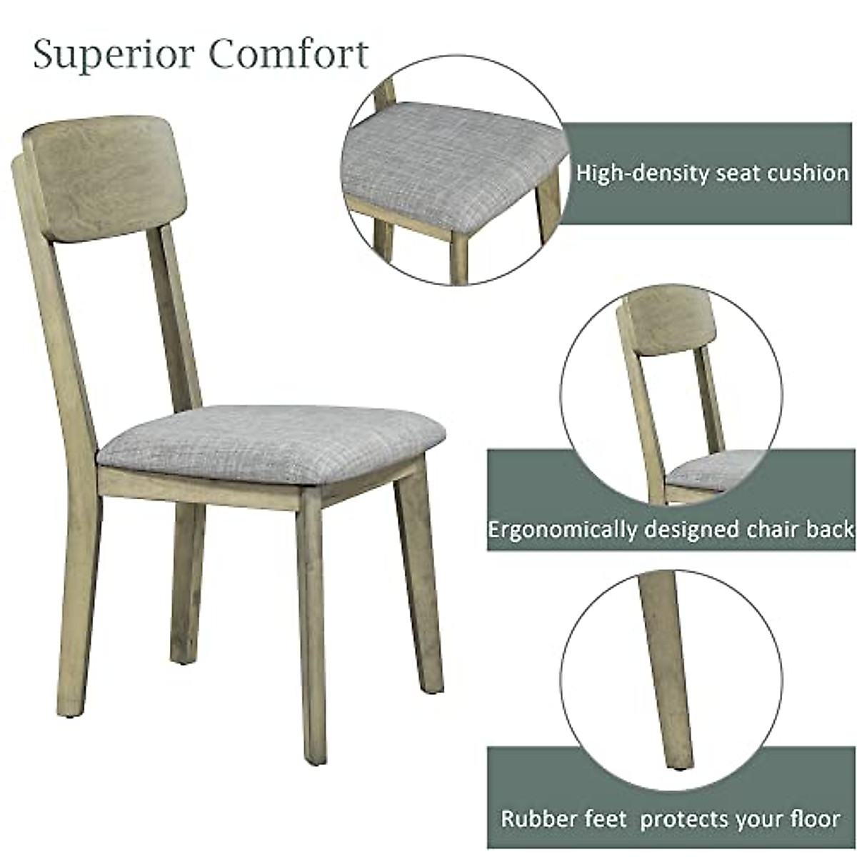 Lifeand Piece, Wooden Dining Table and Fabric Chairs with Bench(Antique Yellow+Gray), Mid-Century Style Set for 6