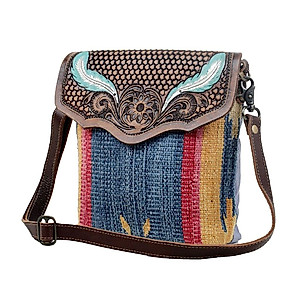 Myra Bag Blue Feather Hand-Tooled Bag Upcycled Cotton & Leather S-3058