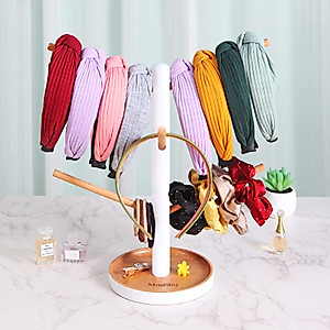 MUGFILWJ Headband Holder Organizer with 6 Branches Wooden Scrunchie Display Hanger with Bottom Bracket for Hair Hoop Hairband Gifts for Girls and Women (white with non-slip silicone strip)