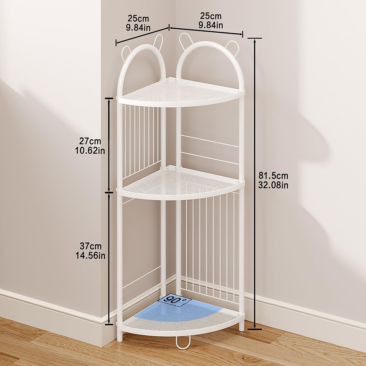 CICUFY Corner Shelf Stand Metal Bathroom Corner Shelf 3 Tier Standing Shower Caddy Organizer Bathroom Floor Shelves Unit Toilet Paper Stand Corner Stand for Plant Book (White)