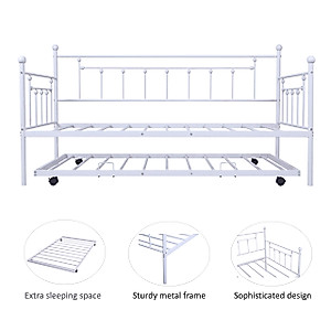 gaodashang Twin Size Metal Frame Daybed with Pullout Trundle,Heavy Duty Steel Slat Support Sofa Bed for Guest,No Spring Box Needed, White
