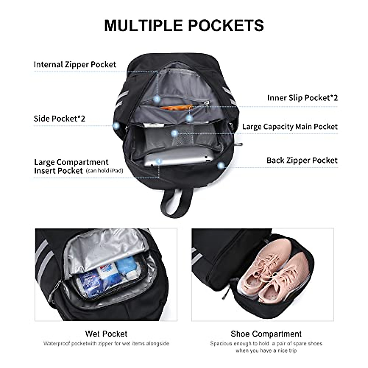 Gym Backpack for Women with Shoes Compartment & Wet Pocket,Large Travel Backpack Waterproof, Black Backpack