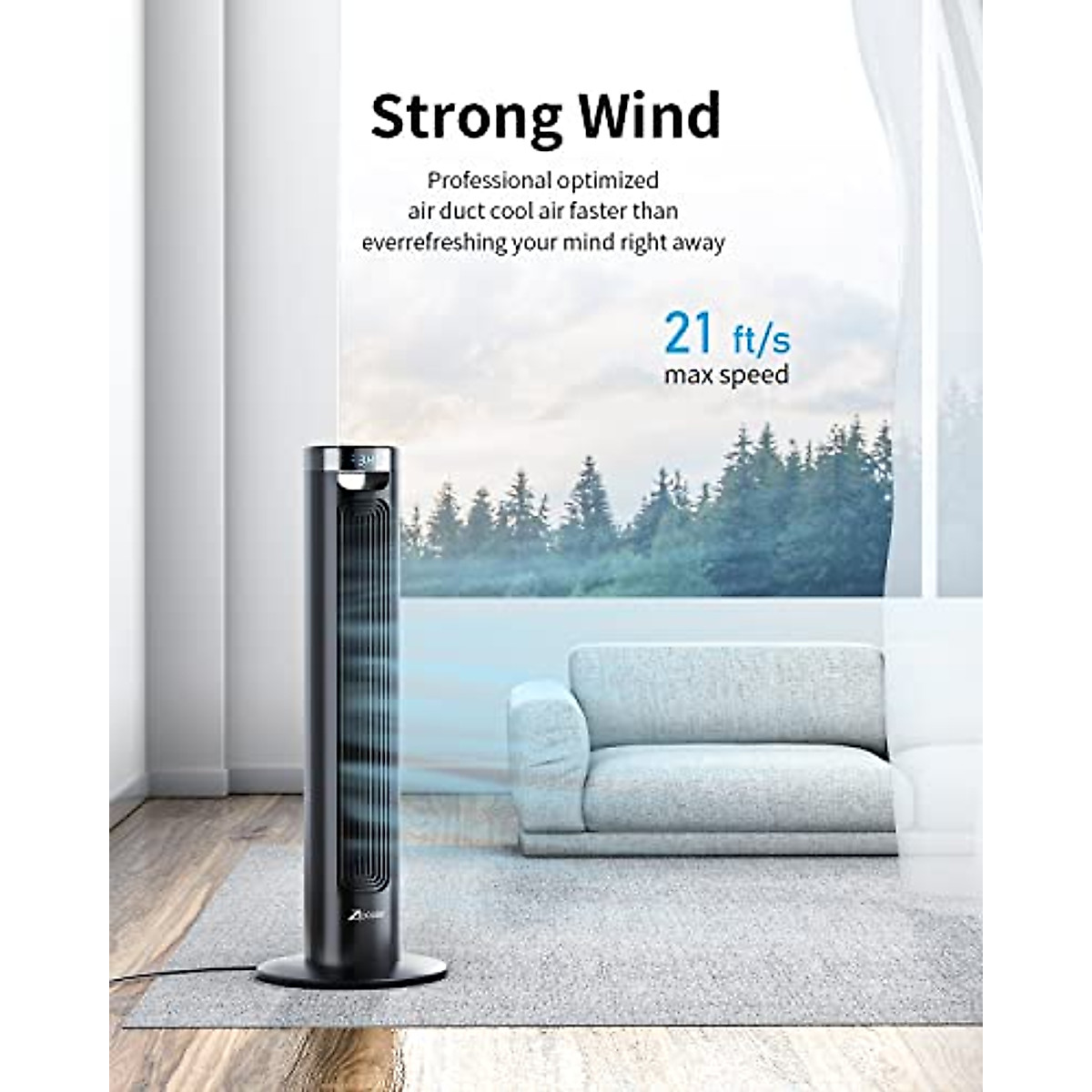 Tower Fan for Bedroom with Remote, 37" Oscillating Fan 21ft/s Velocity Quiet Tower Cooling Fan with 3 Speeds, 3 Modes, 8H Timer, Portable Bladeless Fan Space-Saving for Bedroom Living Rooms Office