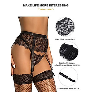 Women Plus Size Lace Garter Blet with 4 Straps Metal Clip for Stocking Mesh Suspender Belt with Thong