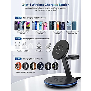 Magnetic Wireless Charging Station for Apple Series, 3-in-1 Standard 15W Fast Mag-Safe Charger Stand with QC3.0 Adapter, for iPhone 14,13,12 Pro Max/Pro/Mini/Plus, iWatch Ultra/8/7/6/5/4/3/2, AirPods…