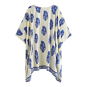 SweatyRocks Women Kimono Vintage Floral Beach Cover Up Blue White X-Large