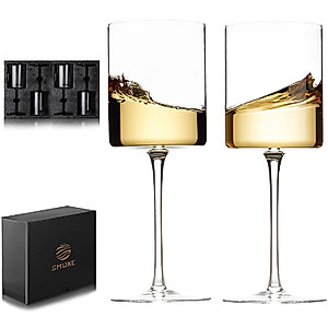 Crystal Square Wine Glasses Set Of 4-14 oz Stemware - Hand Blown Edge Wine Glasses- Red and White Wine Glasses With Stem - Premium Clear Drinkware Glassware