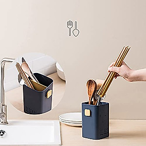 Yalych Utensil Caddy Utensil Holder， Fork Spoon Cutlery Storage ABS Multifunctional Home Kitchen Chopstick Organizer， Practical Partition Free Standing Pen Holder (Color : Dark Blue)