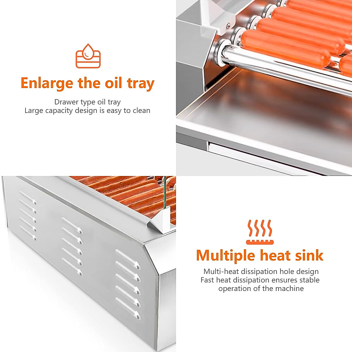 1670W Hot Dog Roller Machine/Sausage Grill with Dust Cover,Stainless Steel 11 Rollers 30 Hot Dog Roller Grill Cooker Machine with Dual Temp Control and LED Light/Detachable Drip Tray