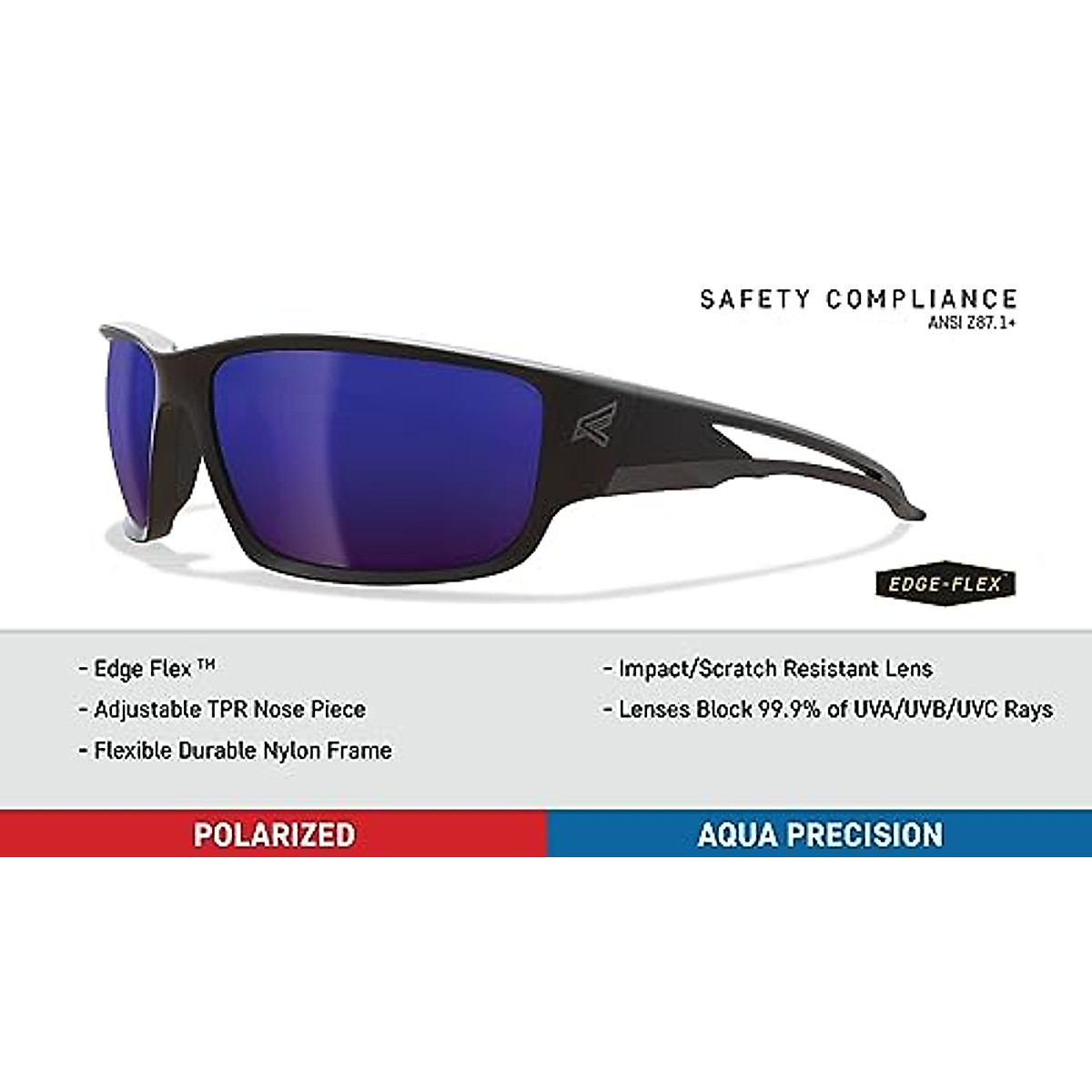 EDGE TSKAP218 Kazbek Polarized Wrap-Around Safety Glasses, Anti-Scratch, Non-Slip, UV 400, Military Grade, ANSI/ISEA & MCEPS Compliant, 5.04" Wide (Black Frame/Aqua Precision Blue Mirror Lens)