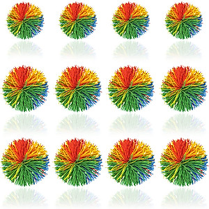 WYOMER 12 Pack Monkey Stringy Balls Sensory Fidget Toys Original Latex-Free Silicone Soft Active Fun Toy, Stress Relief Balls with Rainbow Pom Colorful Bouncy Ball (3 Sizes)