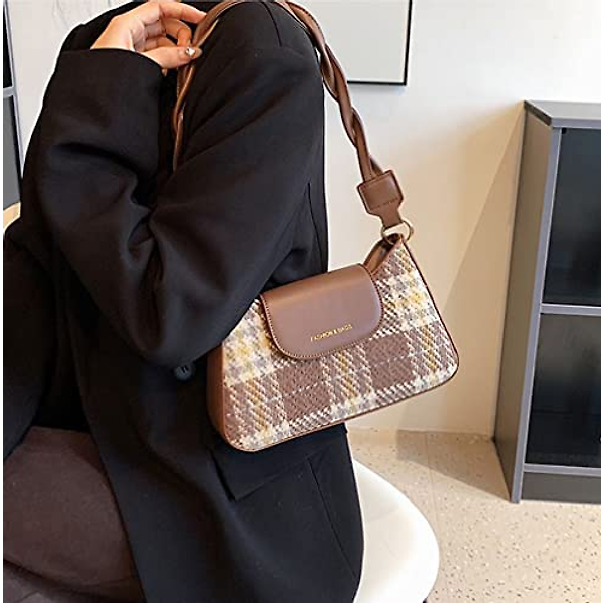 RTGGSEL Trendy Women‘s Lattice Plaid Striped Woolen Saddle Crossbody Shoulder Handbags Underarm Satchel Tote Clutch Purse Hobo Bag (Coffee)