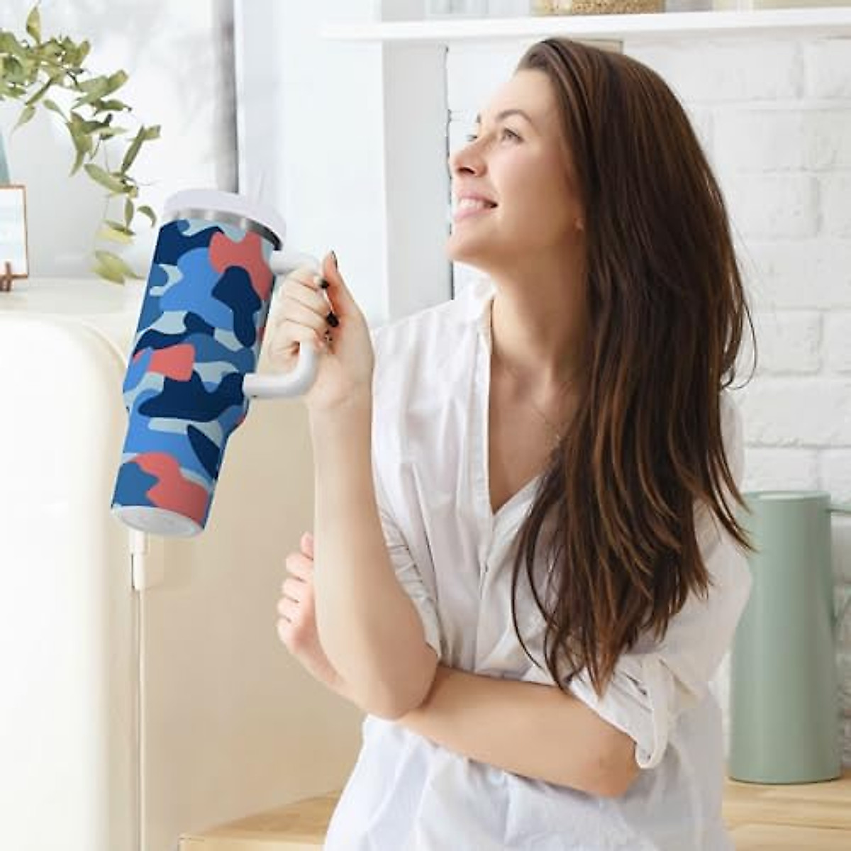 GKCLOCK 40 oz Tumbler with Handle and Straws, Insulated Reusable Stainless Steel Travel Coffee Mug Water Bottle for Office & Outdoor, Cupholder Friendly (Blue Camouflage)