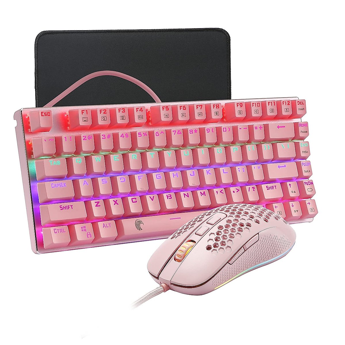 60% Mechanical Keyboard and Gaming Mouse, Mouse Pad Combo. 81 Keys Rainbow Backlit Keyboard (Blue Switch) Pink
