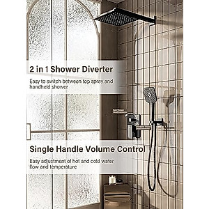 Gabrylly Shower System, 10 Inches Rain Shower Heads with Handheld Spray Combo, Wall Mounted Shower Faucets Sets Complete with Shower Valve Kit, Shower Head and Handle Set, Matte Black