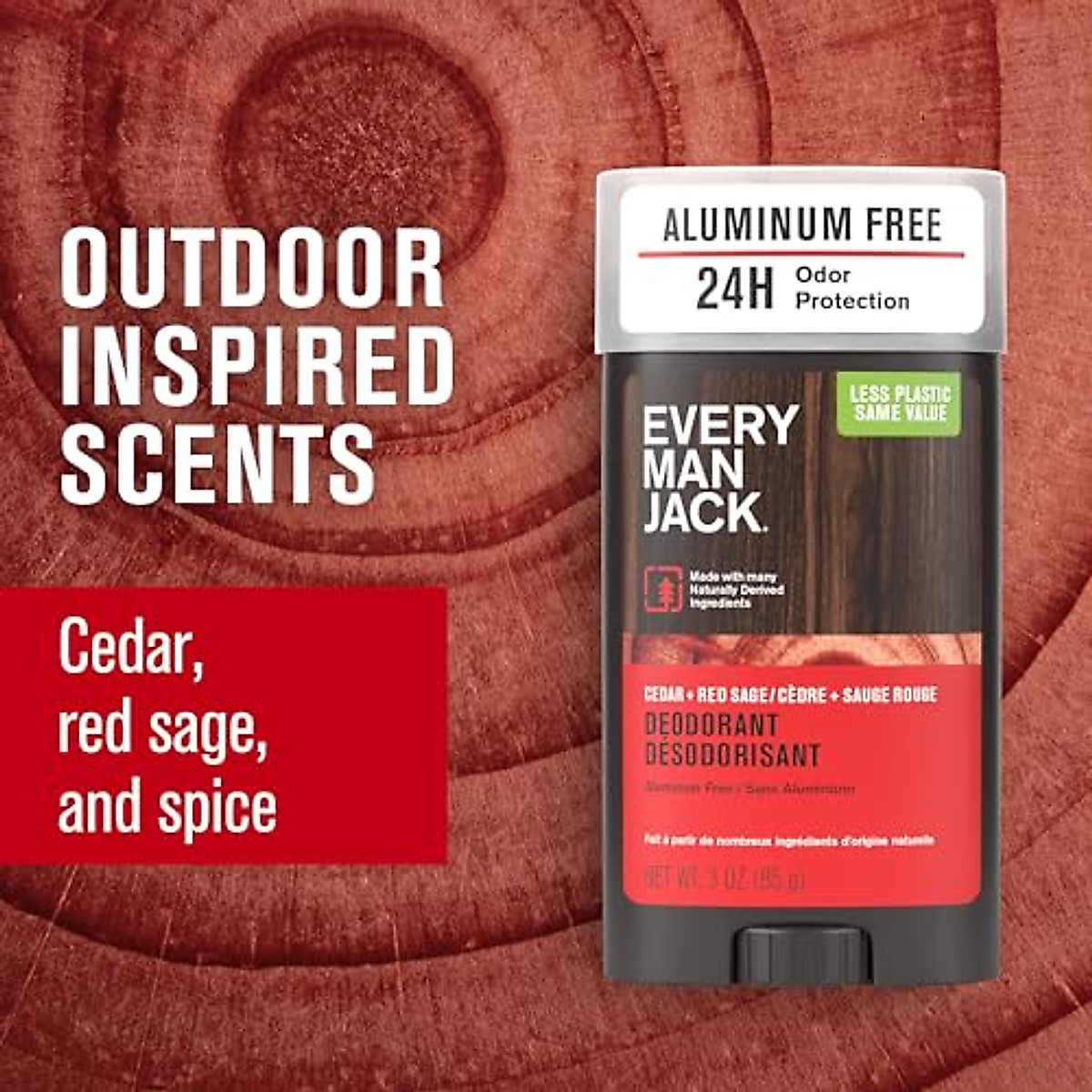 Every Man Jack Cedar + Red Sage Men’s Deodorant - Aluminum Free Deodorant - 24-Hour Odor Protection w/Naturally Derived Ingredients - 3oz (2 Pack)