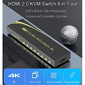 eKL KVM Switch, 8 Port v2.0 HDMI KVM Switch Supports Hotkeys Swapping 4K@60Hz 4:4:4 1080p 3D, 8 in 1 Out 8 PCs Sharing with One Set of Keyboard and Mouse