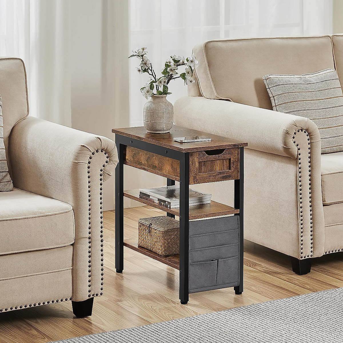 Yaheetech Narrow End Table, Flip Top Side Table with Drawer and Shelves, Wooden Nightstand Bedside Table with Removable Fabric Bag for Living Room/Bedroom/Small Space, Rustic Brown