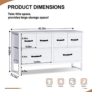 LYNCOHOME Dresser TV Stand, White Dresser for Bedroom with 6 Drawers,Wide Dresser with Sturdy Frame & Wood Top for Storage in Bedroom,Entryway,Hallway