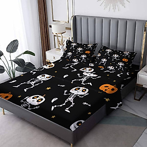 Halloween Sheets Full Size, Pumpkin Skeleton Bed Sheets, Patterned Bedding Sheets & Pillowcases 4 Piece Set - Soft Microfiber Deep Pocket Fitted Sheet & Flat Sheet & 2 Pillow Cases Z1-&-90