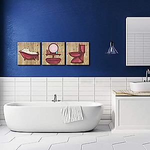 LoveHouse Bathroom Canvas Wall Art Prints Rustic Bath Sets Red Wall Decor Still Life Picture Poster Print On Canvas for Home Shower Room Decoration Stretched Framed Ready to Hang 12x12inchx3panel