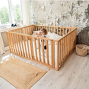 BUSYWOOD Wooden Floor Bed Playpen with Extended Rail - Toddler Bed Frame - Bed with Extra Protection - Toddler Playpen - Play Bed - Solid Wood Bed - (Model 6.3, Floor bed)