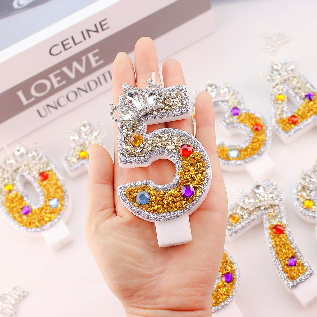 Saododku Birthday Candles, 3.8" Large Number Candles for Birthday Cakes, Big Sparkler Candles for Birthday Cake, 0123456789 Gold Birthday Candles for Cake Topper, Birthday Decorations(No.0)