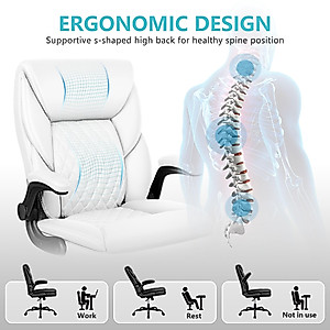 BestEra Office Chair, Executive Leather Chair Home Office Desk Chairs, Ergonomic Computer Desk Chair with Adjustable Flip-Up Arms, Lumber Support Swivel Task Chair with Rocking Function (White)