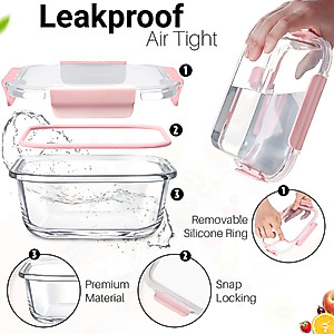 Glass Food Storage Containers 10 Packs - Eco Friendly Borosilicate Glass with BPA Free Locking Lids, Microwave Safe Prep Contaniers Set for Meal | Leakproof & Airtight Lunch Box for Kitchen (Pink)