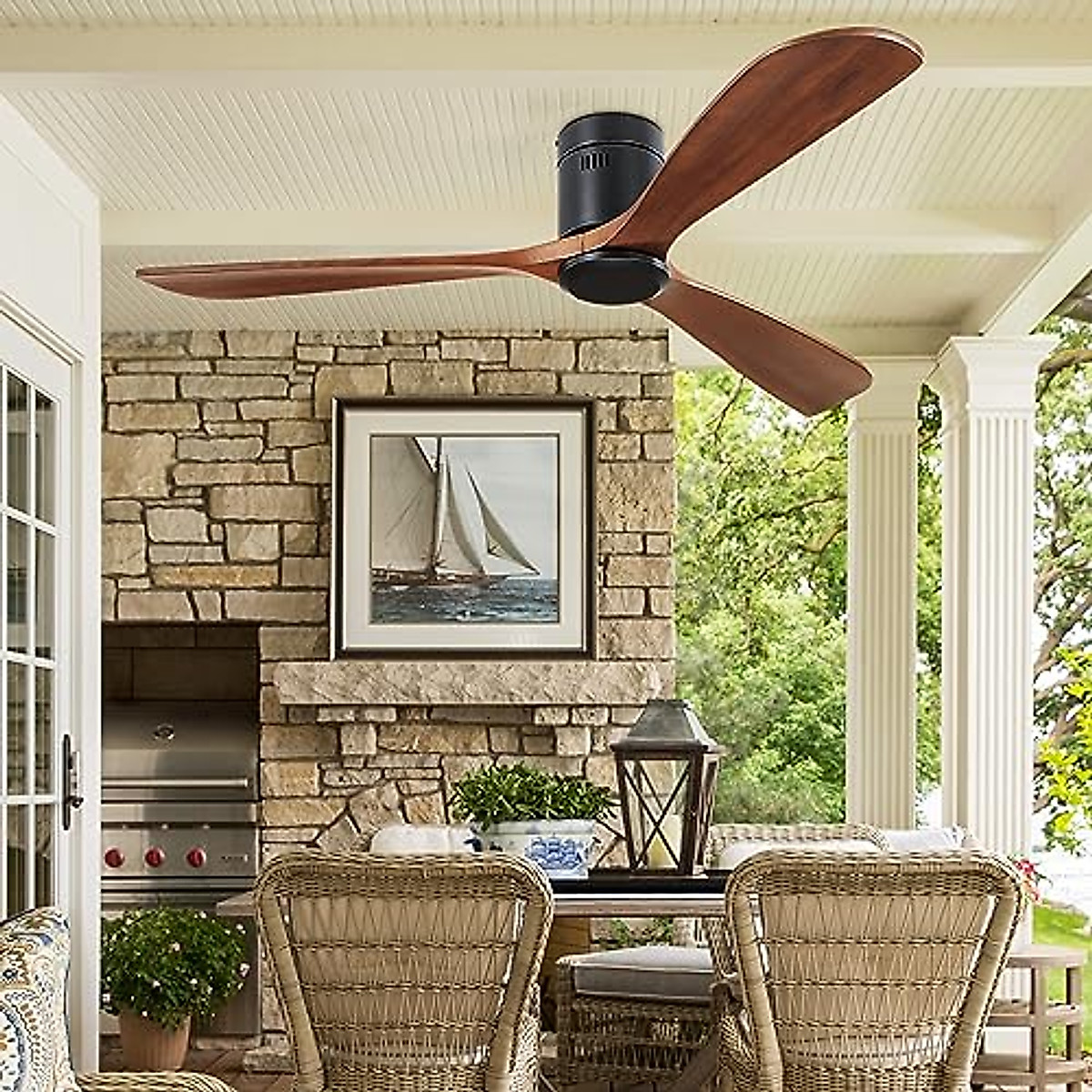 Mpayel 60" Ceiling Fan, Flush Mount Outdoor Ceiling Fan with 3 Walnut Wood Blades, Reversible and Timing, No Light for Indoor Bedroom, Outdoor Covered Patios, Backyard