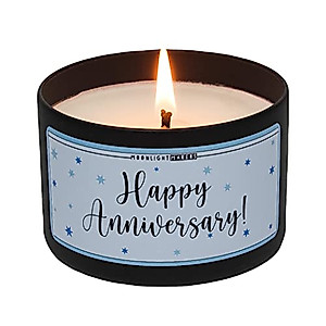 Moonlight Makers Happy Anniversary Candle, Caribbean Teakwood Scented Handmade Candle, Natural Soy Wax Candle, 25+ Hour Burn Time, 8oz Tin