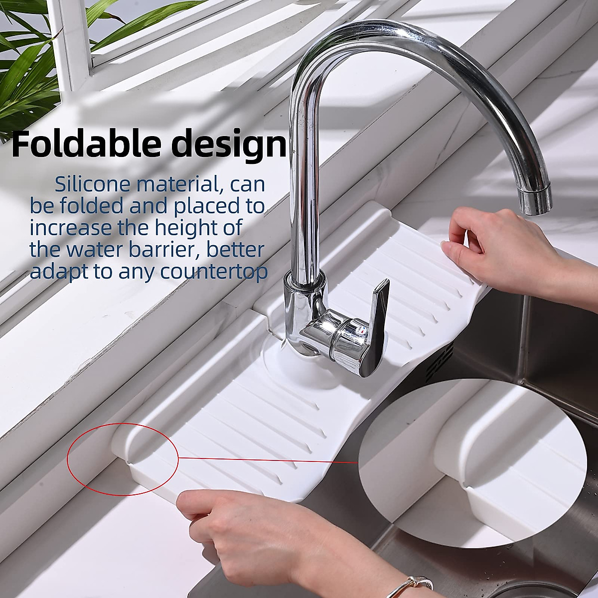 bepinkind Silicone Faucet Splash Guard-[Upgrade Steeper Slope],Silicone Faucet Water Catcher Mat, Silicone Sink Mat for Kitchen/Bathroom,Silicone Faucet Mat Sink Water Splash Guard. (Tilt-White)