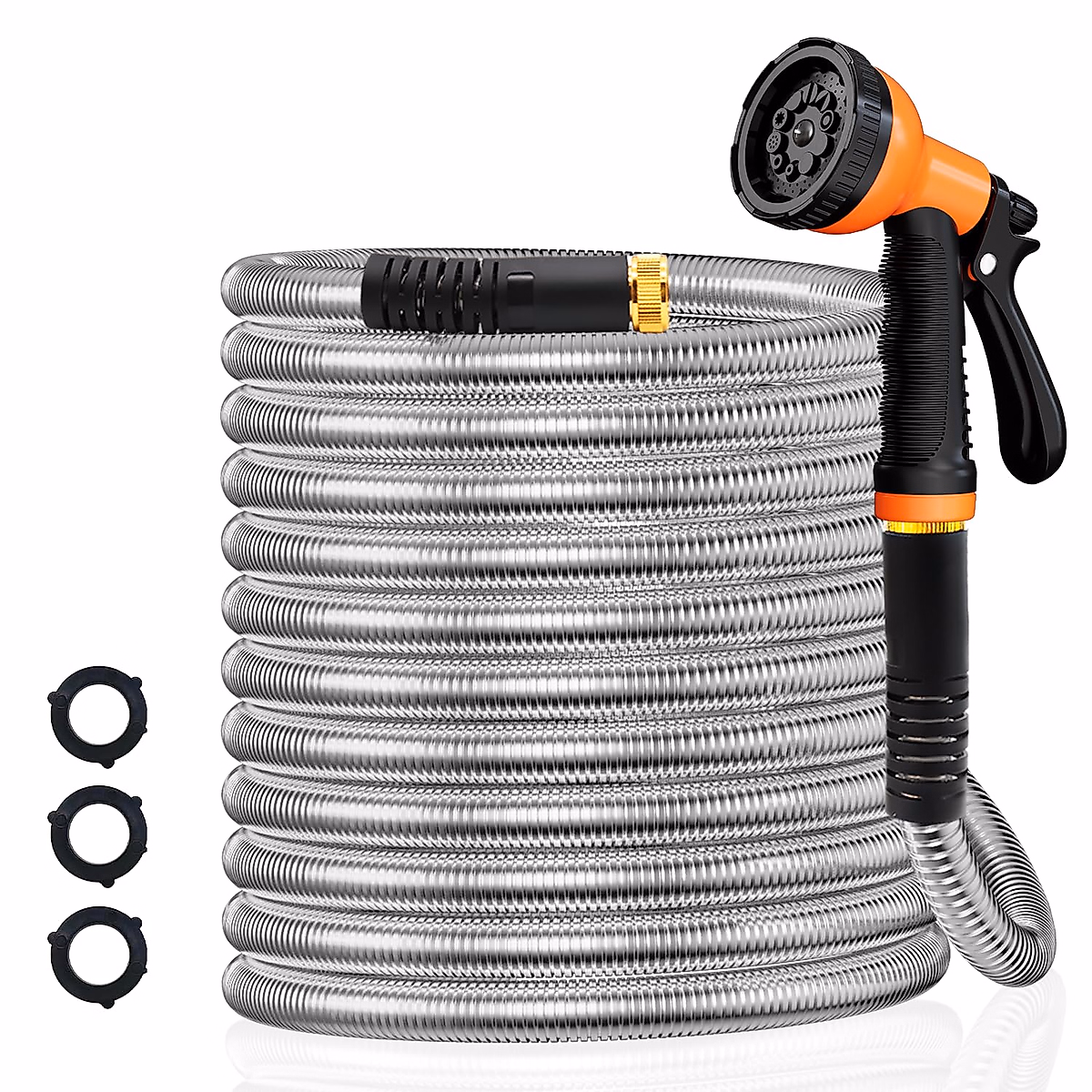 Besiter Garden Hose 50FT Stainless Steel Water Hose with 10 Functions Adjustable Spray Nozzle, Heavy-Duty Metal Garden Hose Flexible Durable No-Tangle & Kink Leak Dog Proof Hose for Yard Lawn(Orange)