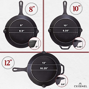 Cuisinel Cast Iron Skillets Set with Lids - 8"+10"+12"-inch Pre-Seasoned Covered Frying Pan Set + Silicone Handle and Lid Holders + Scraper/Cleaner - Use Cookware Indoor/Outdoor, Oven, Stovetop, Fire